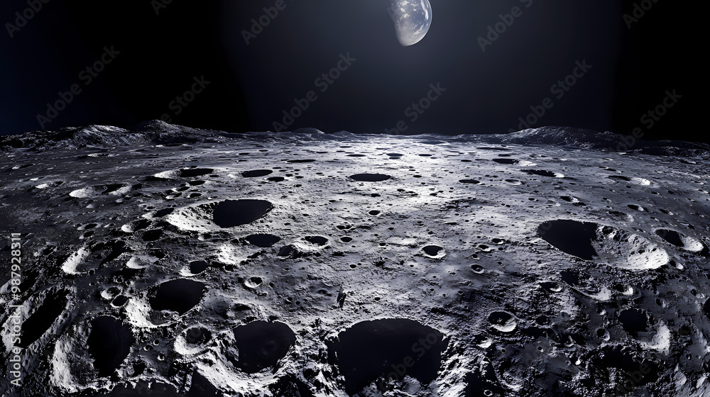 Rugged lunar surface with deep craters earth visible above light mode ...