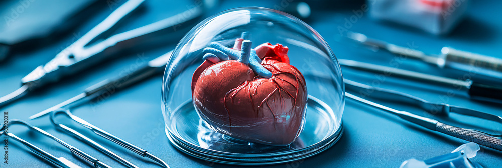 Heart. Human heart enclosed in a glass dome surrounded by surgical ...