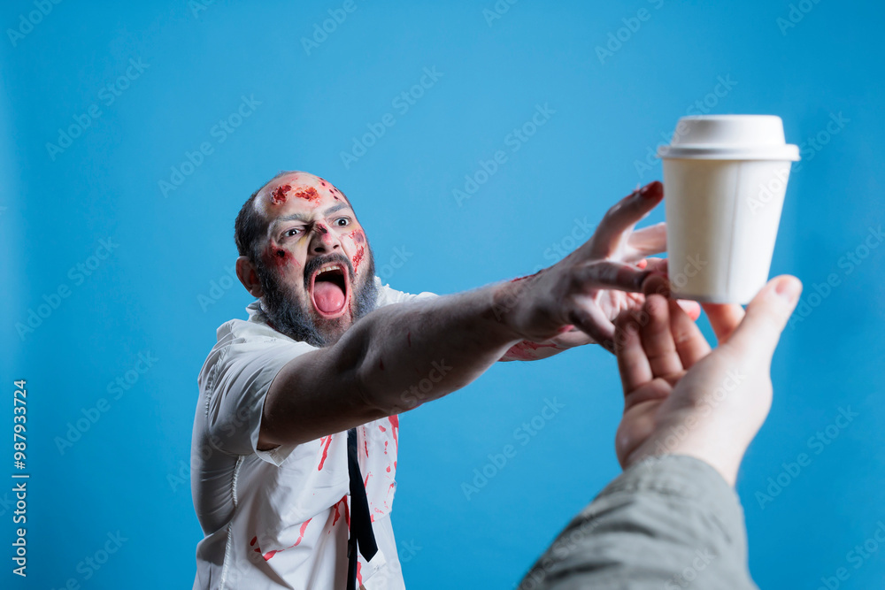 Angry man starving for coffee, shouting and demanding cup, suffering ...