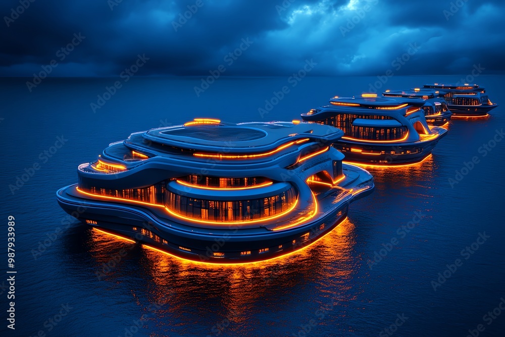Floating ocean city, built on futuristic platforms with glowing ...
