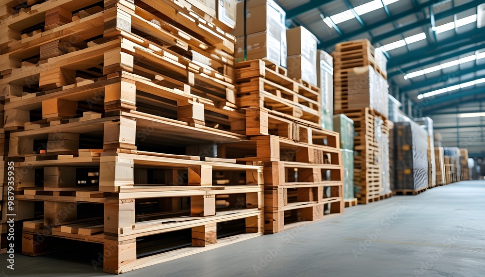 Sustainable wooden pallets stacked in a factory warehouse for eco ...