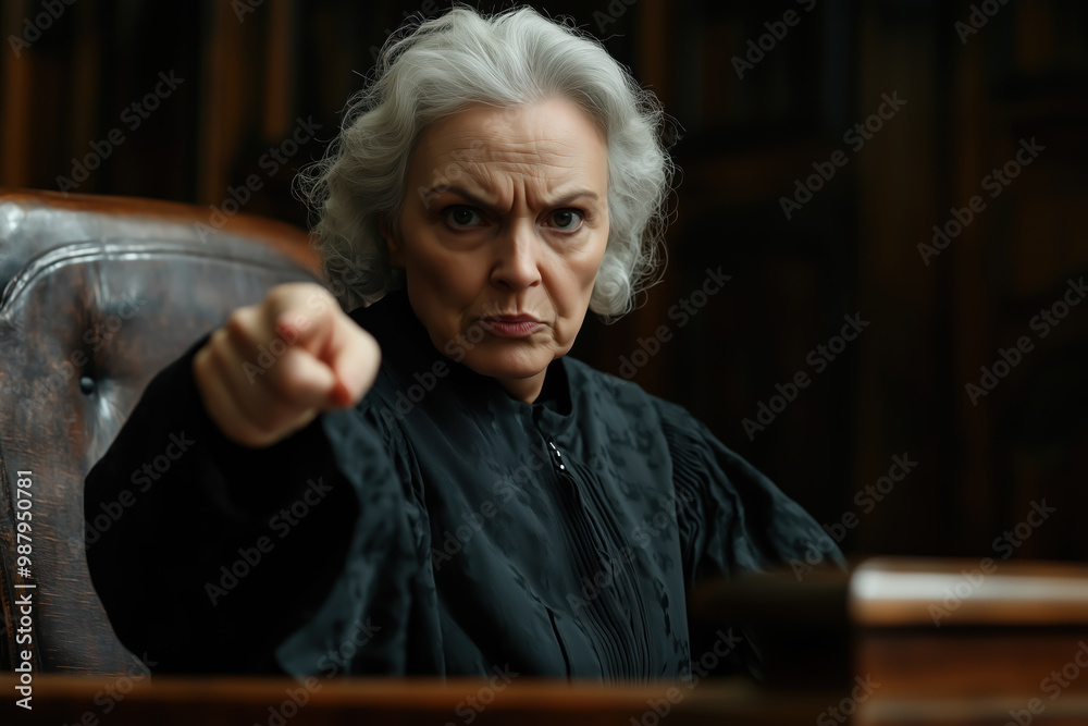 Female judge reaching a verdict to plead guilty by pointing finger with ...