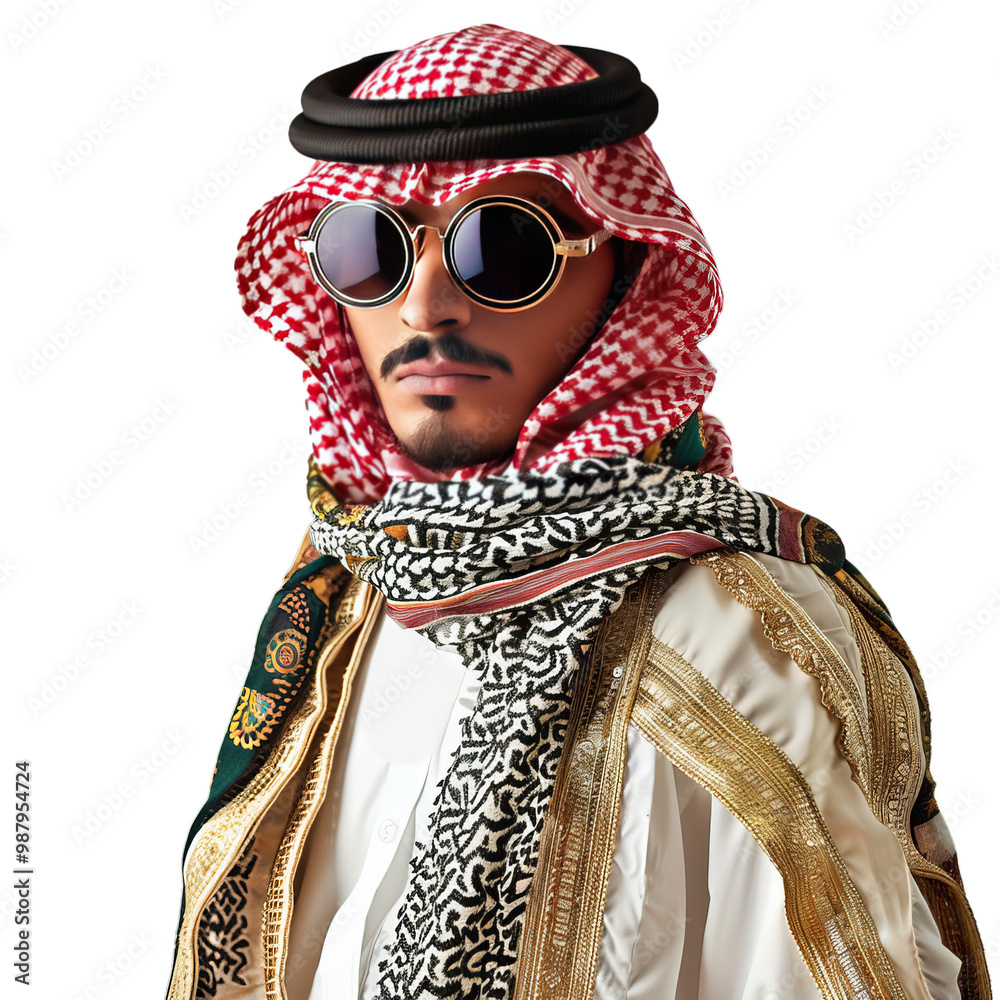 Arabic sheikh with traditional clothing and sunglasses is posing for a ...