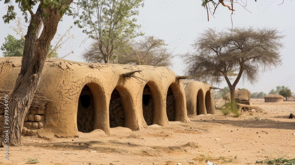 Mud Brick Huts in Arid African Landscape Traditional Rural Dwellings in ...