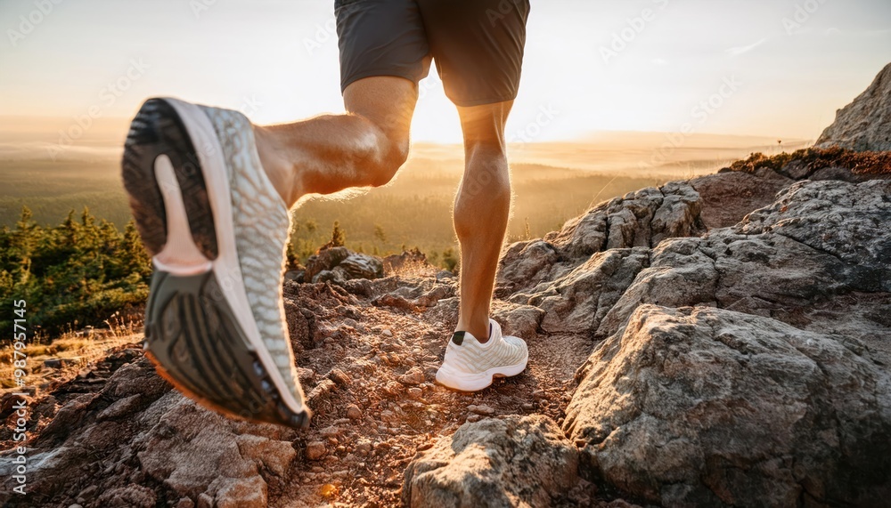at sunrise. golden time. Trail runner on challenging rocky terrain. Low ...