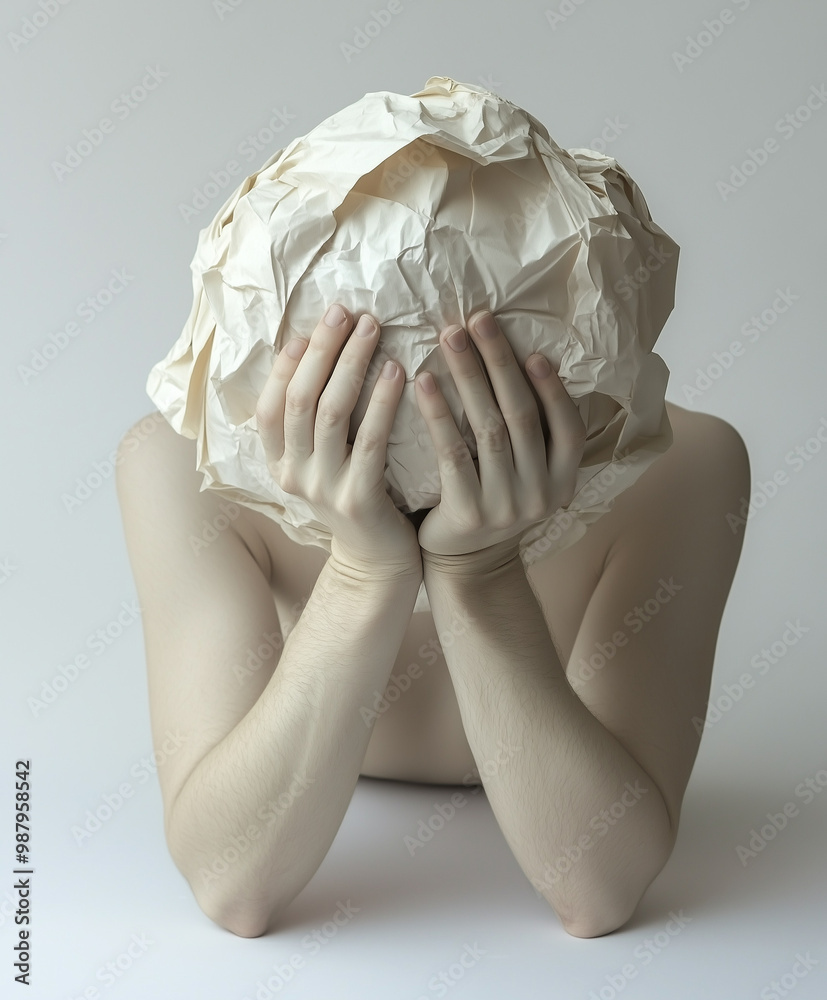 person with hands on head, their head replaced by a crumpled ball of ...