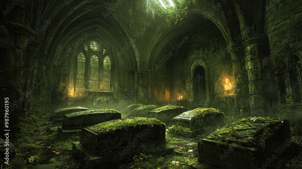 A forgotten medieval crypt hidden beneath an old church, with moss ...