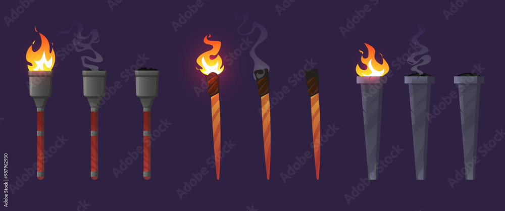 Cartoon torch fading animation. Burning and extinguished medieval ...