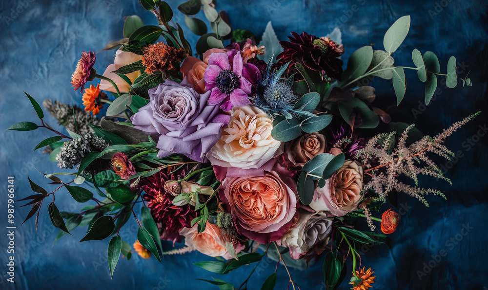 Beautiful natural floral bouquet, on a textured blue background, high ...