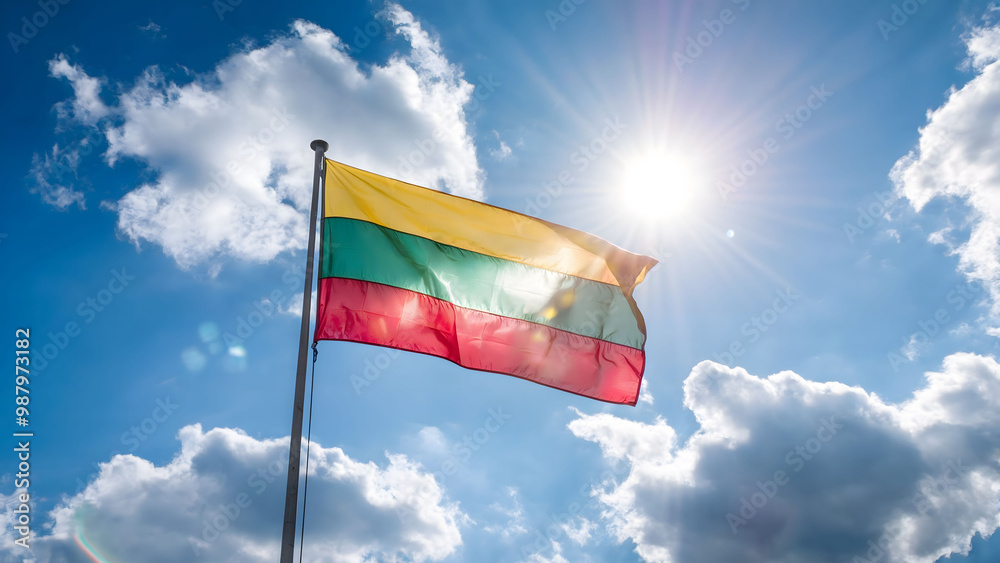 Lithuanian Flag Waving in the Wind Against a Bright Blue Sky with ...
