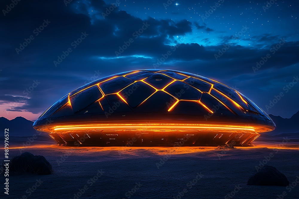 Massive desert structure, built from alien materials, glowing with ...