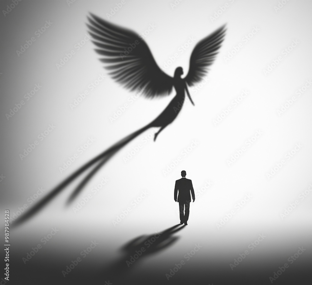 Silhouette of angel flying over businessman with long tail in surreal ...