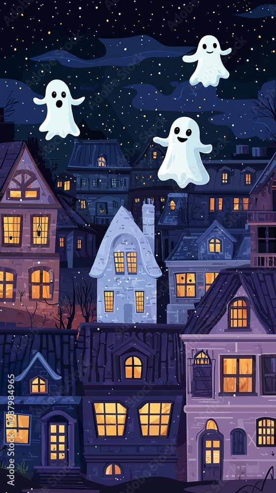 Stylized cartoon town with haunted houses, friendly ghosts floating ...