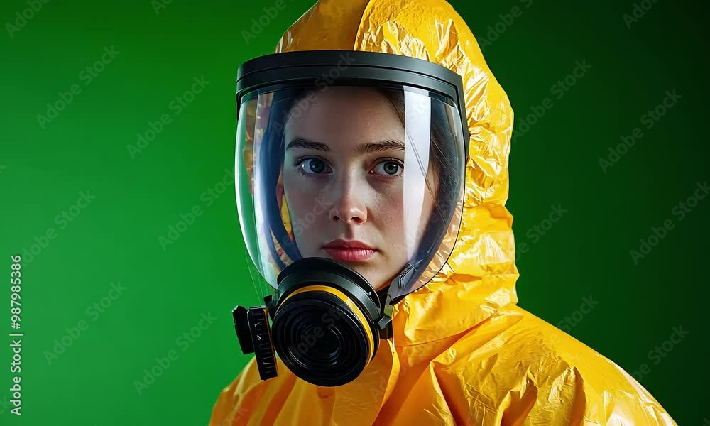 Woman in hazmat suit with respirator mask green screen background with ...