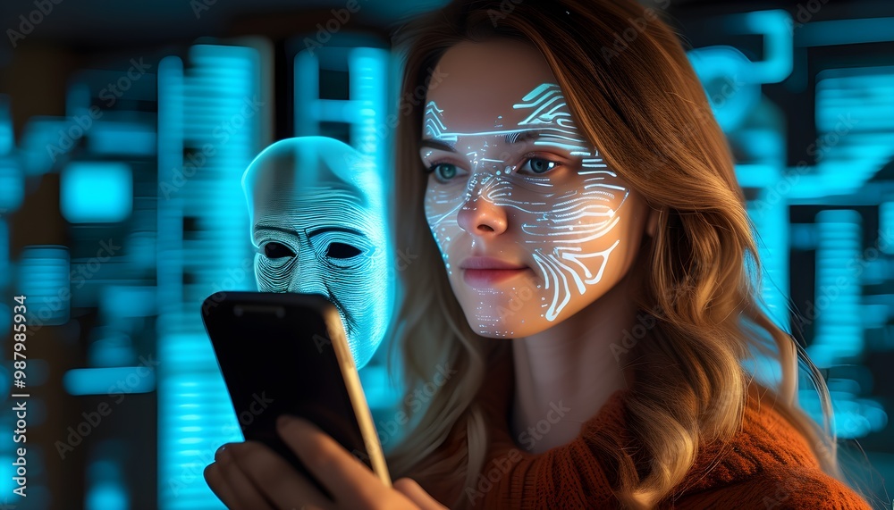 Female Engaging With Advanced Facial Recognition Technology On Smartphone For Biometric