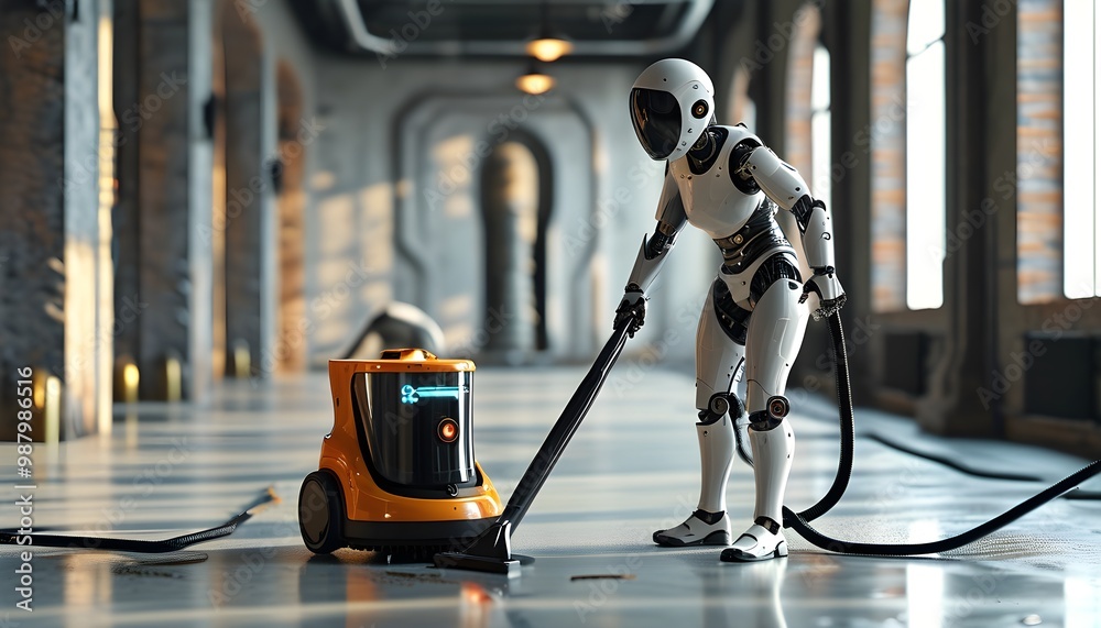 Futuristic 3D rendering of a cleaning robot efficiently vacuuming ...