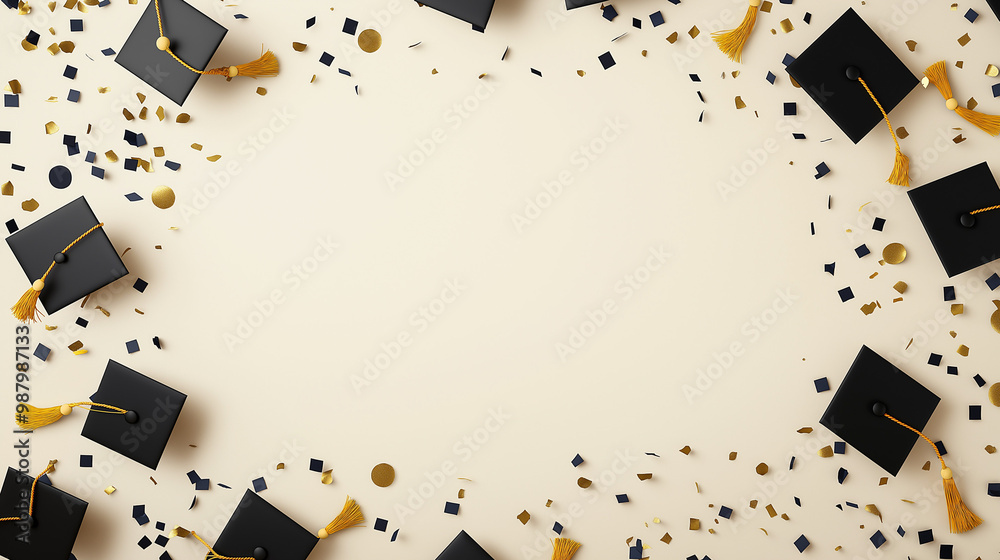 graduation confetti: a proud frame made from black and gold cap-and ...