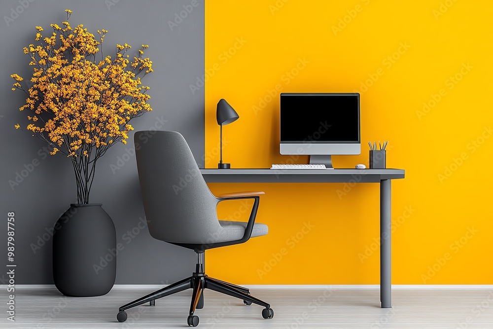 Mustard yellow and grey color palette, used in a minimalist home office ...