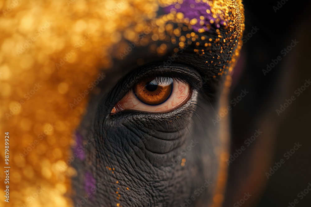 Elephant man concept. Close up of Indian guy in black and golden colors ...