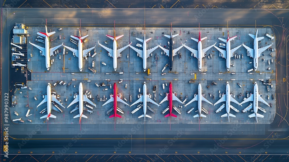 Top-down view of a major airport, planes taxiing, taking off, and ...