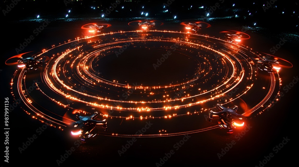 Drones in a circle, performing synchronized aerial maneuvers, creating ...