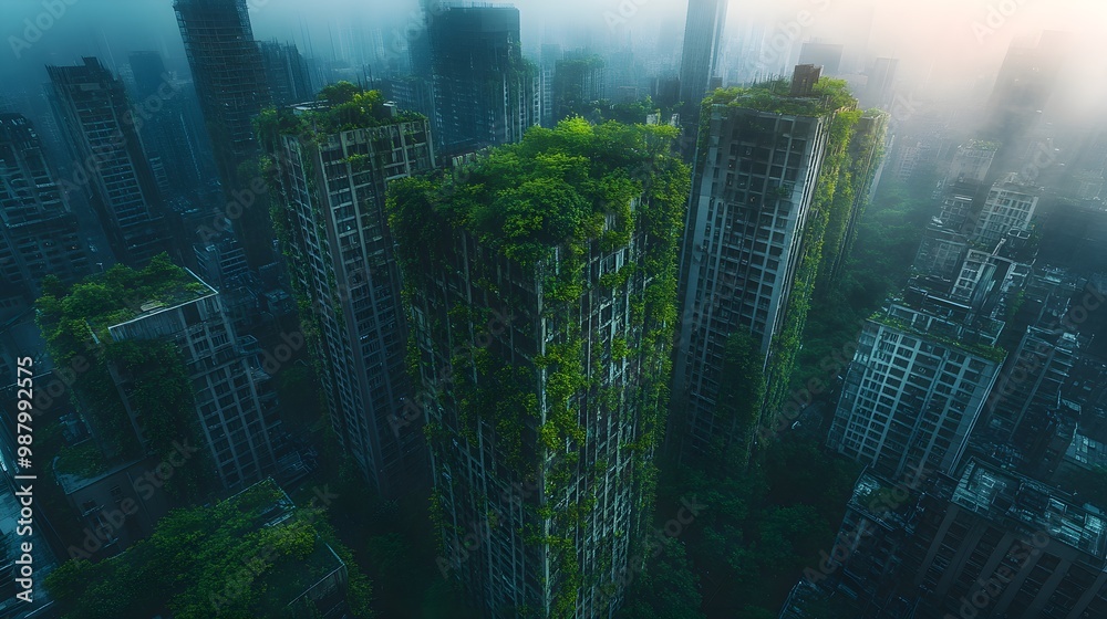 Overgrown skyscrapers covered in dense ivy and moss, nature reclaiming ...