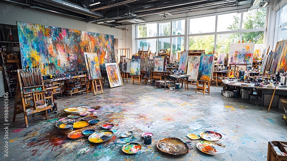 Circular setup of easels, palettes, and brushes in a busy studio ...