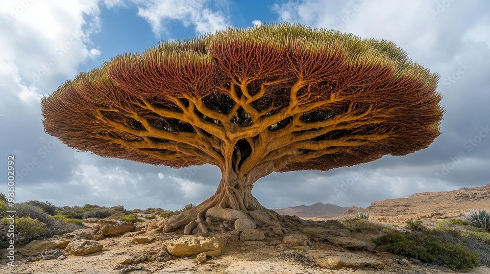 A mystical dragon blood tree on the island of Socotra, its unique ...