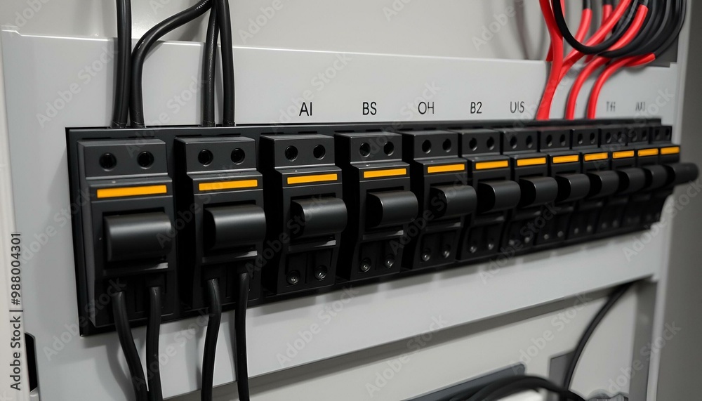 An electrical panel with switches and breakers to control the flow of ...