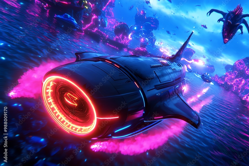 Sci-fi underwater battle, featuring futuristic submarines and alien sea ...