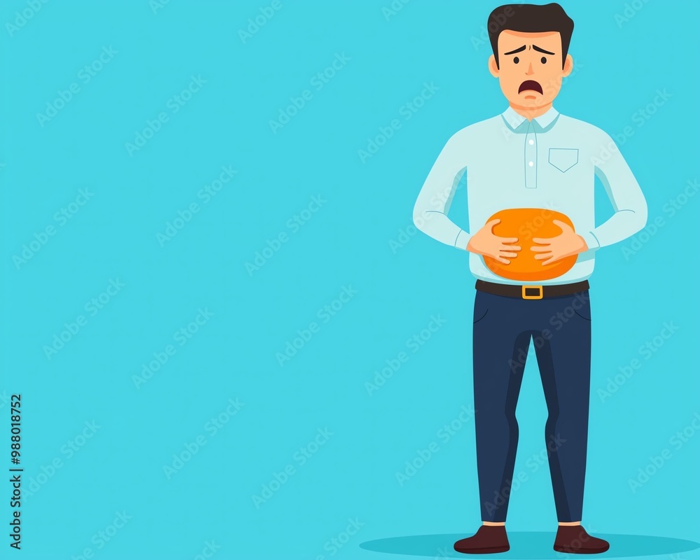 Cartoon illustration of a man with stomach pain holding his belly ...