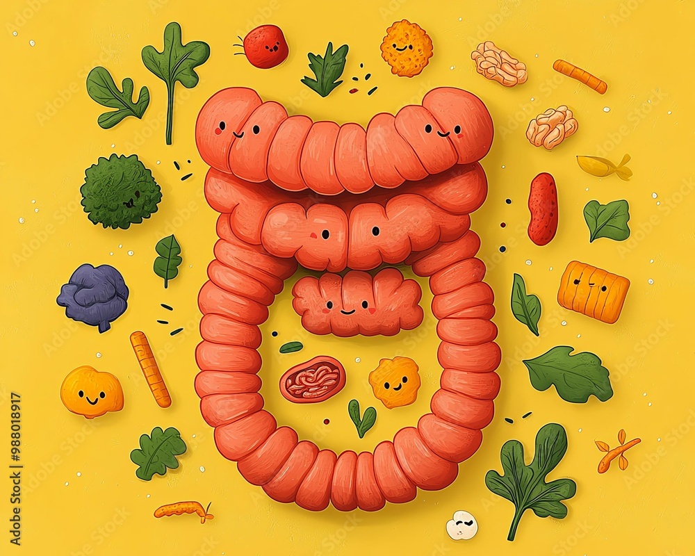 Cute cartoon illustration of a human intestine surrounded by healthy ...