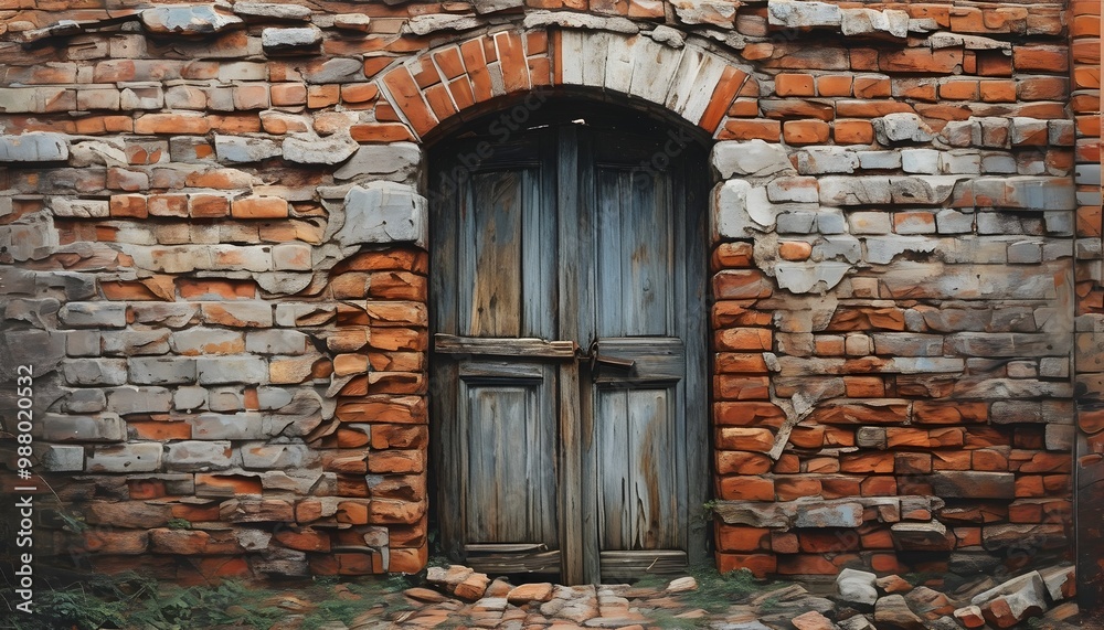 Enigmatic entrance of a weathered wooden door set within a crumbling ...