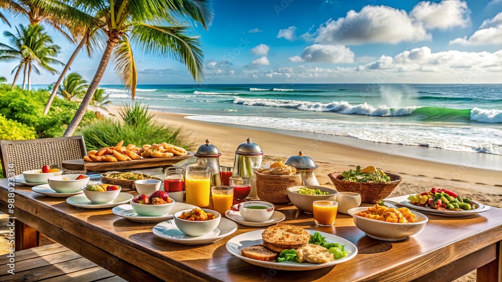 Tropical beach breakfast buffet with vegan food and coffee in ...