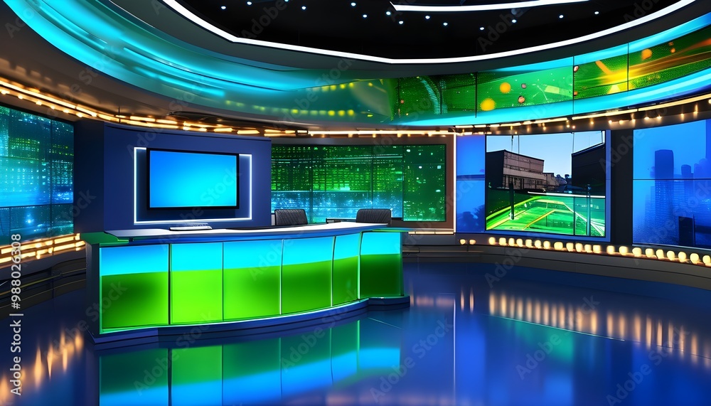 Dynamic virtual news studio setup featuring a blue and green background ...