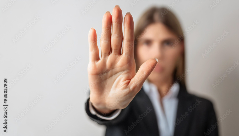 Stop, hand sign and woman in business suit with no gesture for sexual ...