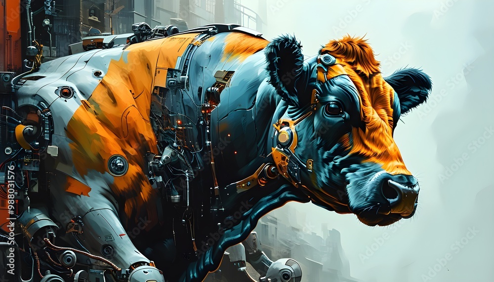 Surreal representation of a cow merged with mechanical and robotic ...