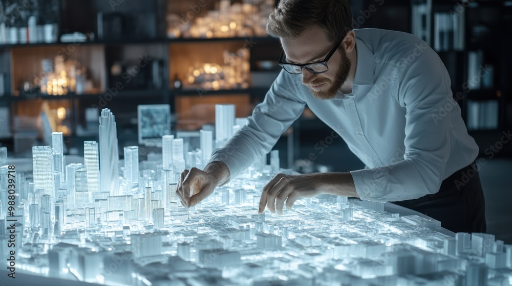 Architect in urban planning project, analyzing a large city map or 3D ...