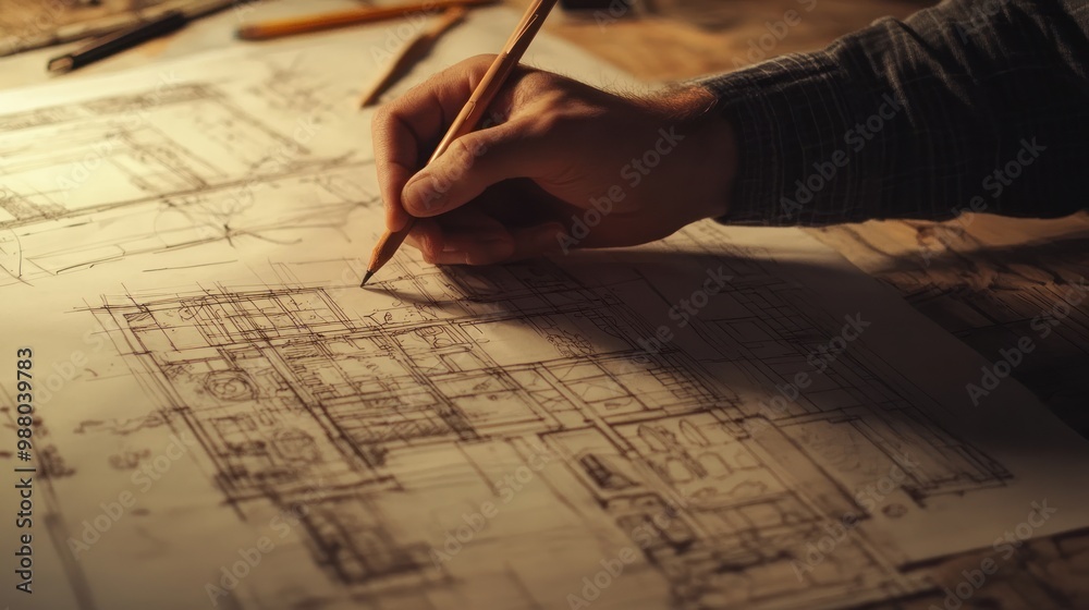 Architect with hand-drawn plans, meticulously sketching detailed ...