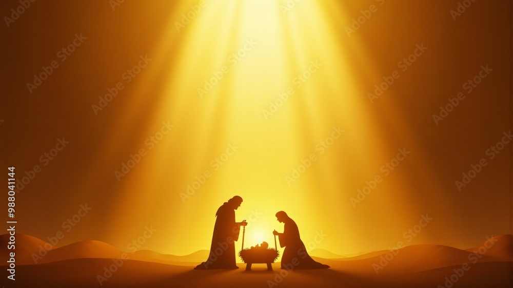 Golden Manger Scene, A glowing golden nativity scene at the center ...