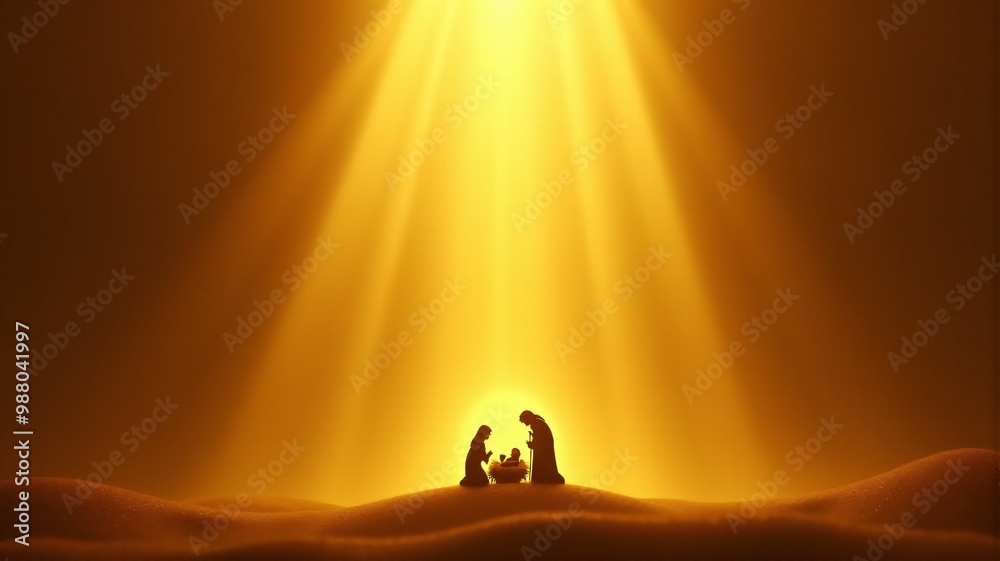 Golden Manger Scene, A glowing golden nativity scene at the center ...
