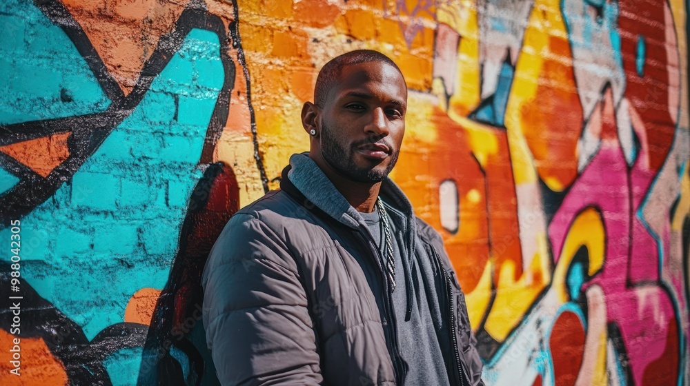 Man portrait with urban graffiti, captured against a vibrant graffiti ...