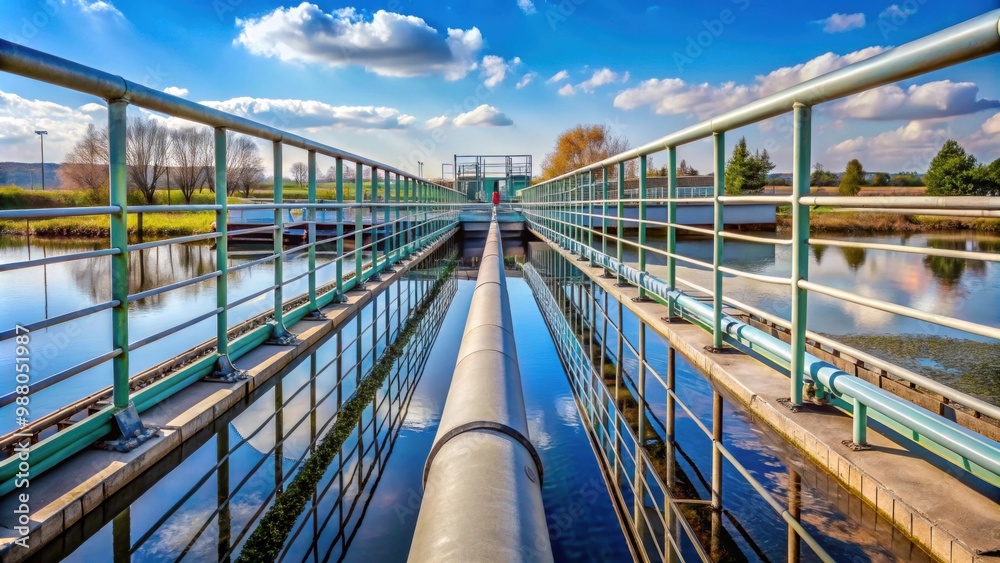 Pipe and walk bridge above waste water pool with huge tank for residual ...