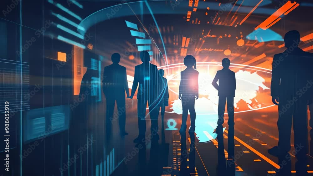 A futuristic scene shows diverse business professionals silhouetted ...