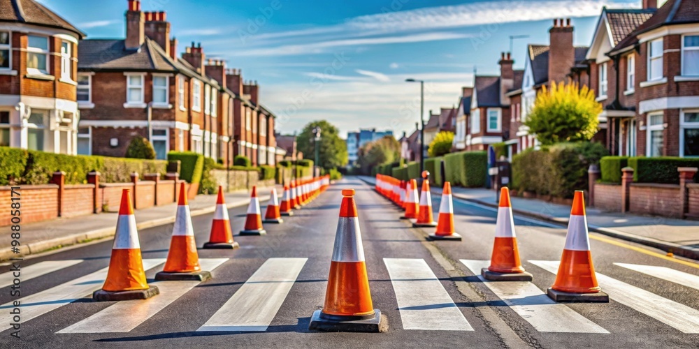 Pedestrian crossing in a residential street with cones , road markings ...