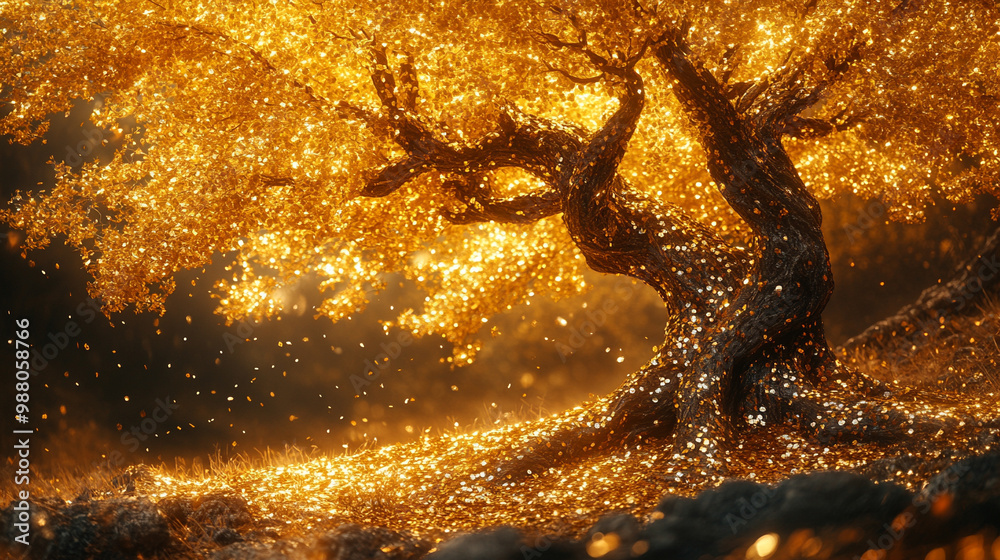 golden money tree with shimmering leaves symbolizes wealth, prosperity ...