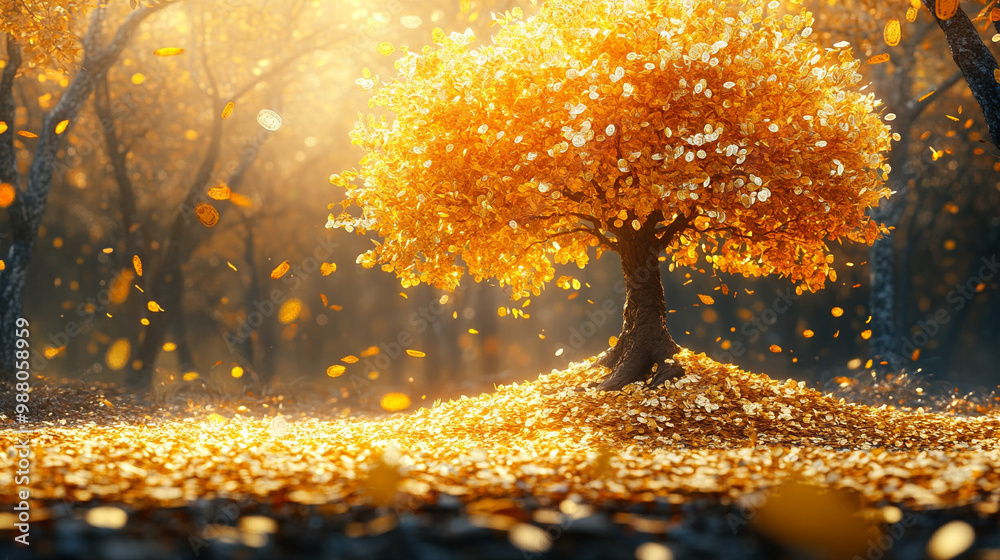 golden money tree with shimmering leaves symbolizes wealth, prosperity ...