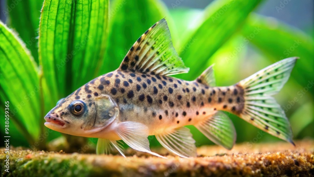 Mottled Corydoras paleatus catfish sitting on a plant leaf in an aquarium, Catfish, Corydoras ...