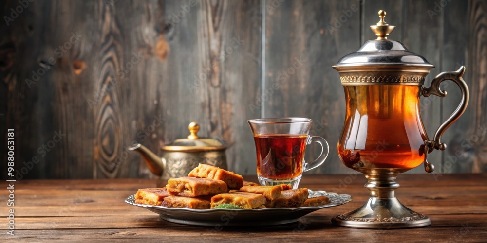 samovar with glass of tea and baklava on a table, samovar, glass, tea ...