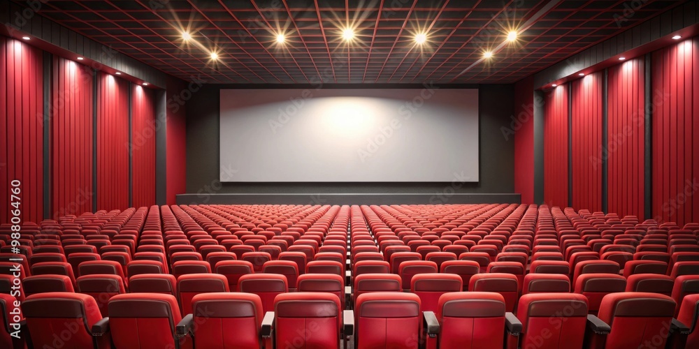 Cinema auditorium with rows of red seats and large screen, movie ...